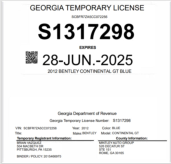 Georgia Temporary License Plate & 45-Day Registration