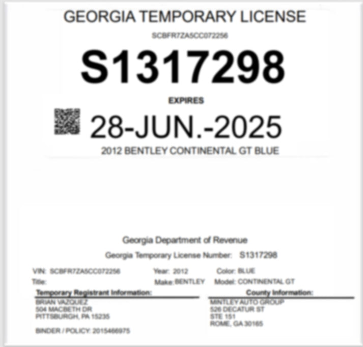 Georgia Temporary License Plate & 45-Day Registration
