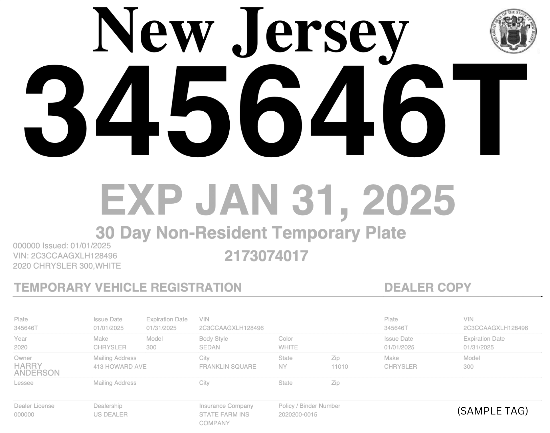 New Jersey Temporary License Plate & Tags 30-Day Registration